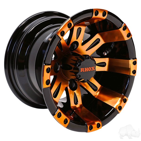 RHOX Vegas, Black w/ Orange w/ Center Cap, 10x7 ET-25 - Queen City Carts